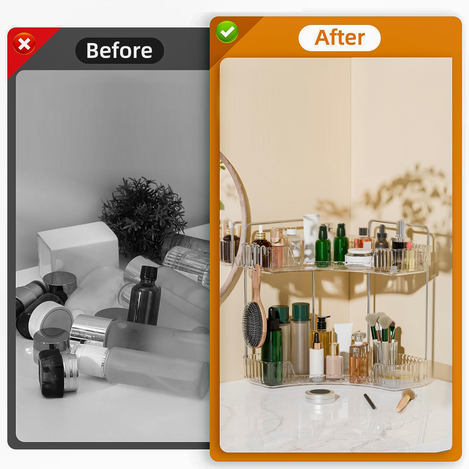 Kinkota 2 Tier Corner Bathroom Organizer Countertop, Plastic Bathroom Counter Organizer, Vanity Tray Sink Shelf with Hooks, for Makeup Storage (Clear)