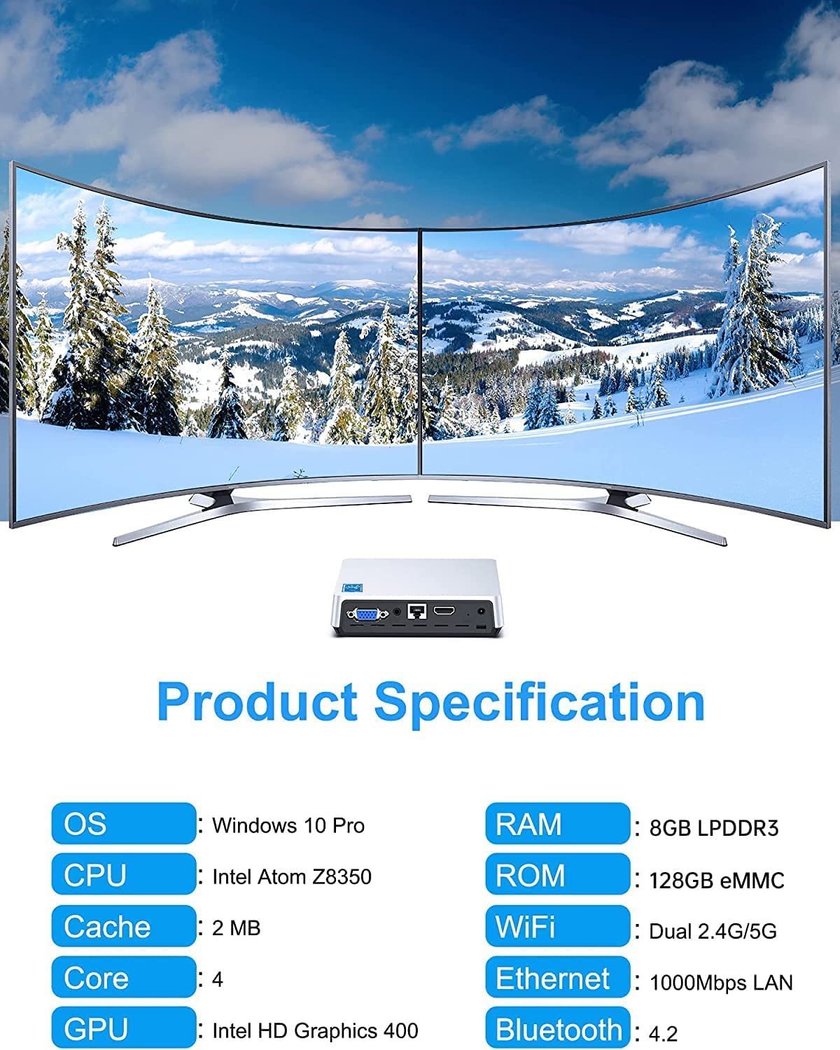 Fanless Mini PC Intel Atom Z8350 Processor,Mini Computer Windows 10 Pro,8GB LDDR3 128GB EMMC,Mini Desktop Computer Support Dual Display/4K HD/2.4G+5G Dual-Band WiFi for Business Home Theater