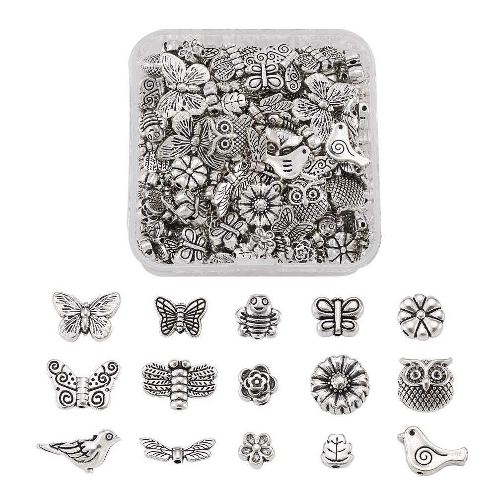 Cheriswelry 150pcs 15styles Tibetan Silver Butterfly Flower Beads Spacer Antique Silver Dragonfly Insect Bird Bee Beads Charms Loose Beads for Women Rosary Jewelry Making Supplies