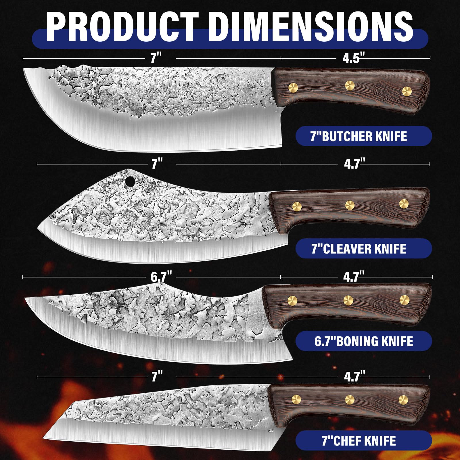 DRAGON RIOT Professional Butcher Knife Set for Meat Processing, 4Pcs High Carbon Steel Hand Forged BBQ Knife Set, Chef Cleaver Knife Set for Kitchen Outdoor Cooking Father's Day Gift