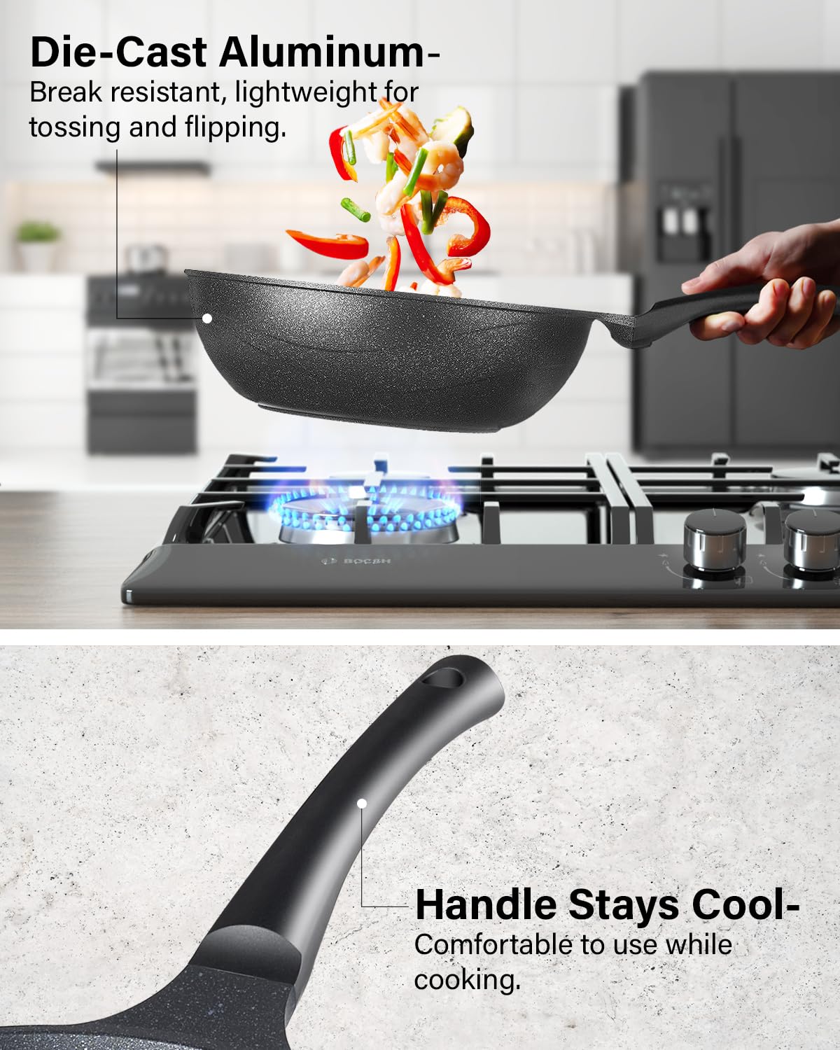 Cook N Home Nonstick Deep Frying Pan Saute Pan Skillet with Lid 11 Inch, Marble Wok Stir-Fry Pan Large Skillet Sauté Pan, Black