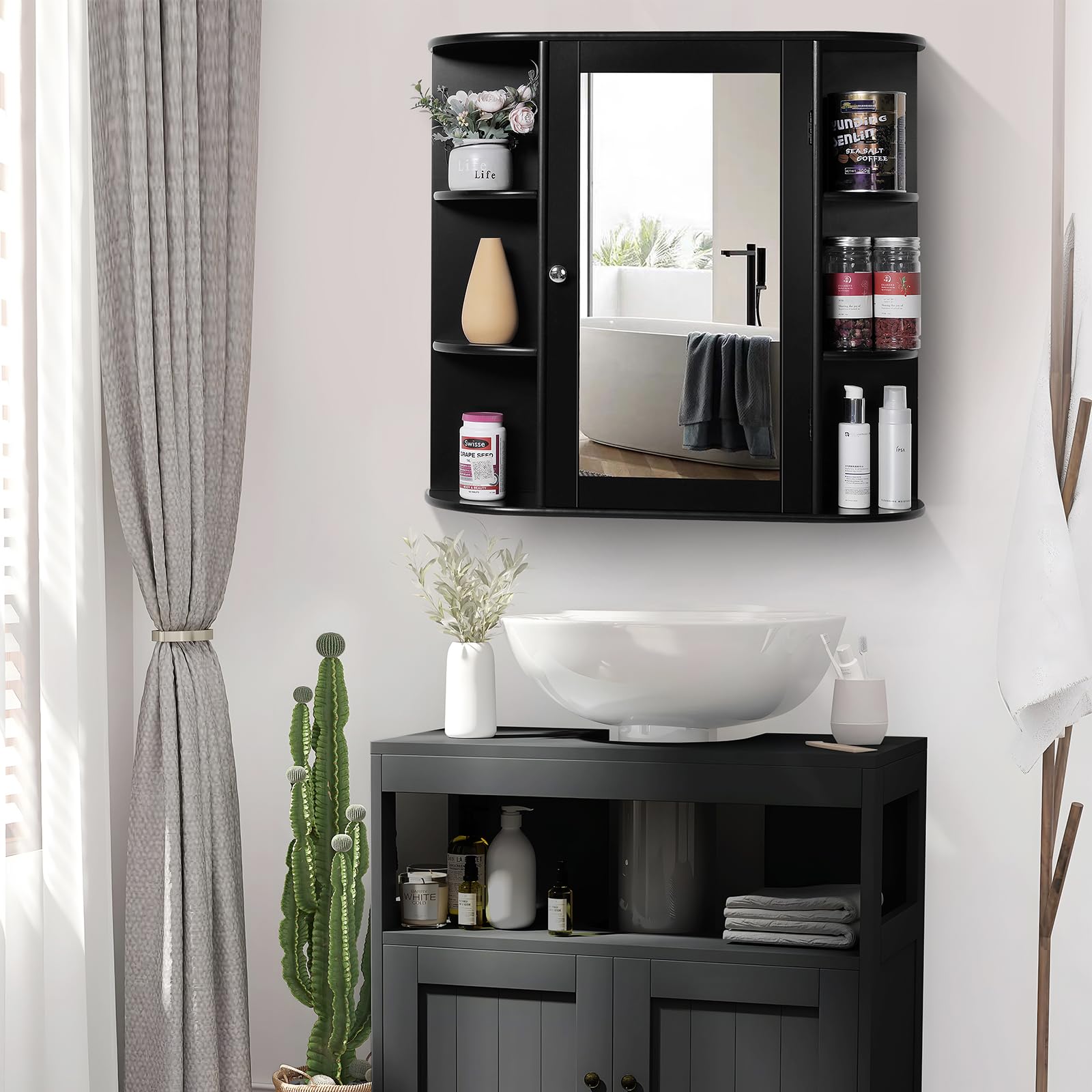 Iwell Bathroom Medicine Cabinet with Mirror, Bathroom Wall Cabinet with 2 Adjustable Shelves & 6 Open Shelves, Bathroom Cabinet Wall Mounted, Over The Toilet Space Saver Storage Cabinet, Black