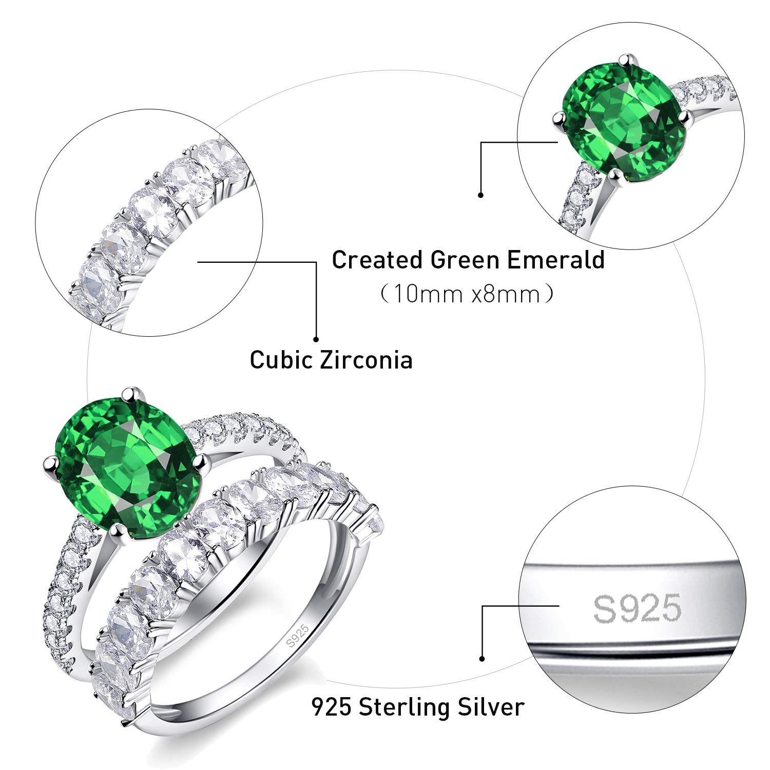 BONLAVIE 2ct Oval Cut Created Emerald Ring for Women with White Cubic Zirconia 925 Sterling Silver Ring Bridal Ring Set Wedding Ring Set for Women Set Size 14