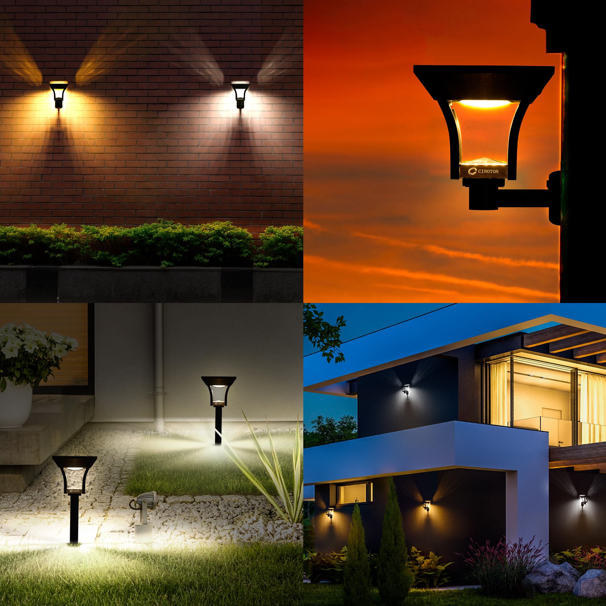 CINOTON 42W LED Barn Light Dusk to Dawn Outdoor Lighting, Black 1 Pack & Outdoor Solar Landscape Pathway Lights Warm & Cold White 4 Pack