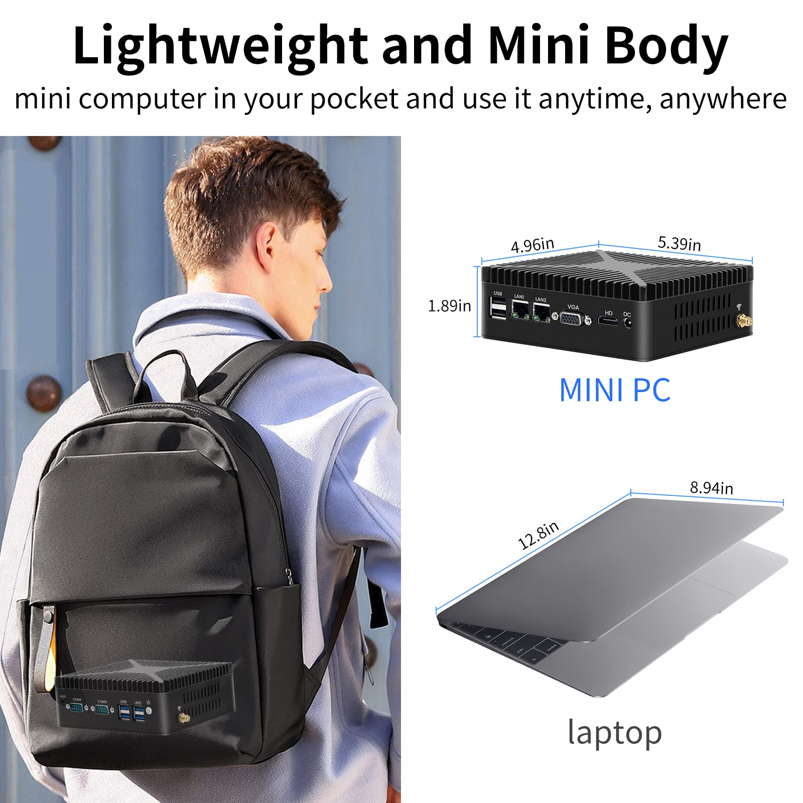 Kinupute Industrial Mini PC, Fanless Desktop Computer Celeron J1900 2.0-2.42GHz, Windows 10 Pro, 8GB RAM, 256GB SSD, 2xNICs, 2xCOM, HDMI/VGA Port, 2.4G+5G WiFi for Industry Office HTPC, Support Linux