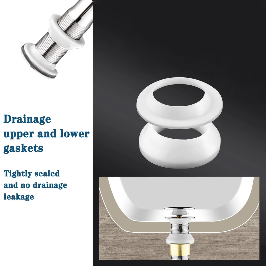 Drainage Seal,Universal Basin Drain Gasket Replacement Parts,Thickened Silicone Sealing Ring for Bathroom Sink Drain Stopper,Includes Top and Bottom Washers Seals (White-2 Sets)