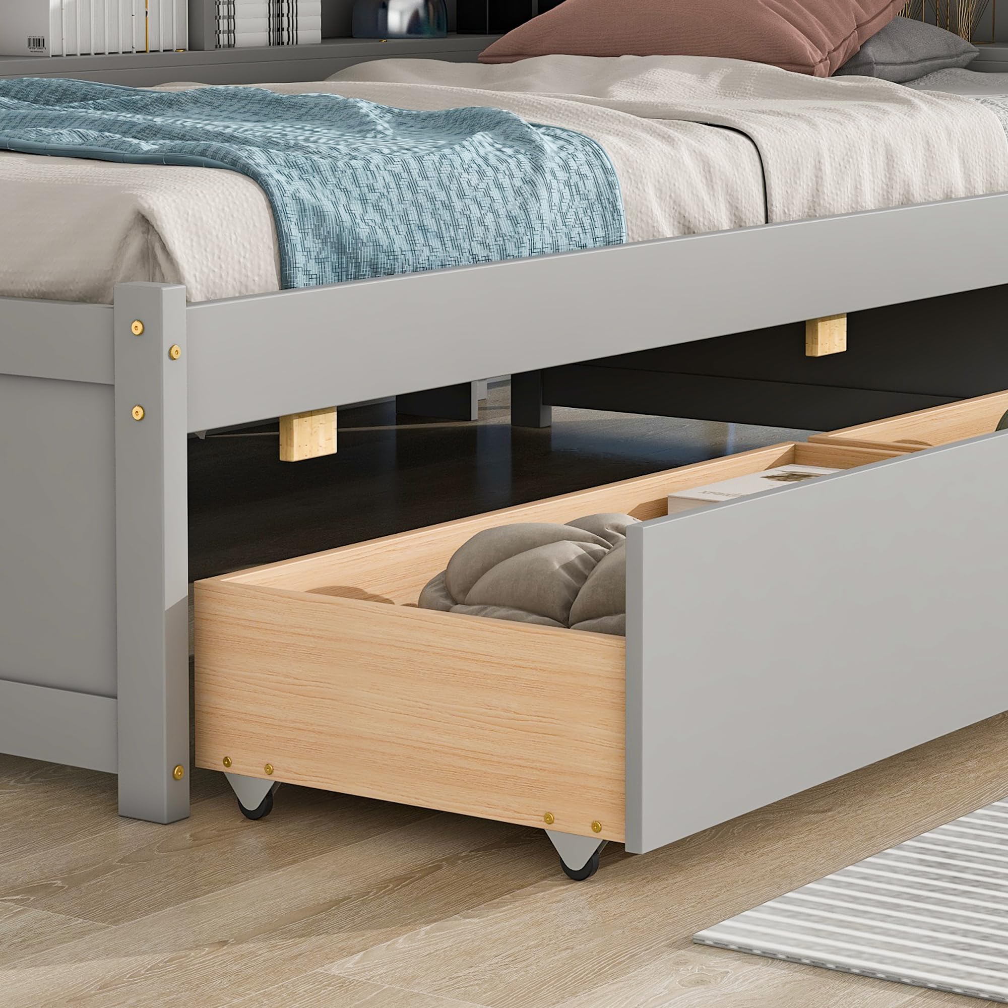 DNChuan Twin Size L-Shaped Corner Daybed with Bookcase Headboard,Captains Bed with Underneath Storage Drawers for Kids Adults,No Box Spring Needed,Grey
