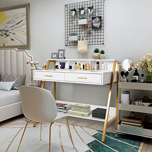 COZUHAUSE White and Gold Modern Computer Desk Simple 39 inch Home Office Desk Writing Desk with R Shaped Metal Legs,2 Storage Drawers Makeup Vanity Study Console Table