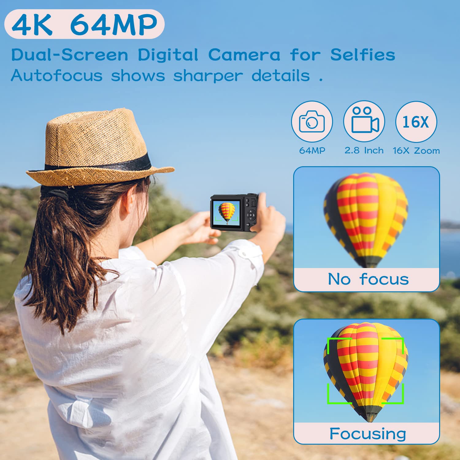 Digital Camera with WiFi 4K 64MP Vlogging Camera for Photography with Dual Screens Point and Shoot Camera with 32GB SD Card, 16X Zoom Compact Camera for Beginners-Tie2