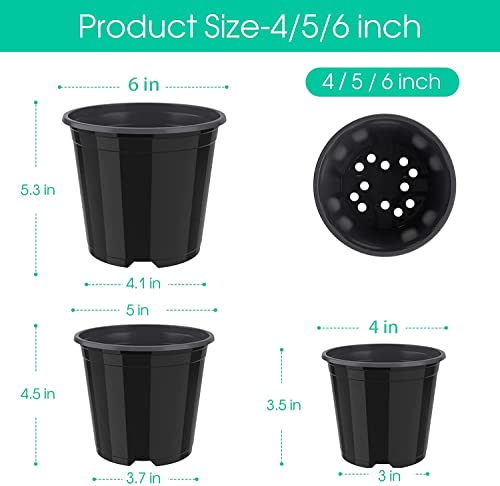DUNPUTE 4 5 6 Inch Nursery Pots, 21 Packs Variety Plastic Pots with Drainage Hole, Plant Containers for Seedlings, Succulents, Transplanting (4 5 6 Inch, Black-Round)