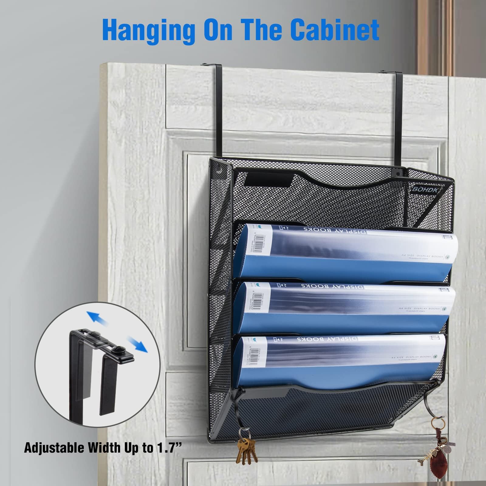 BOHDK Wall File Organizer, 5 Tire Hanging File Folder Organizer, Vertical Mesh Metal Door/Wall Mount Hanging File Holder, Paper Document Magazine Rack with Hooks for Home Office Black