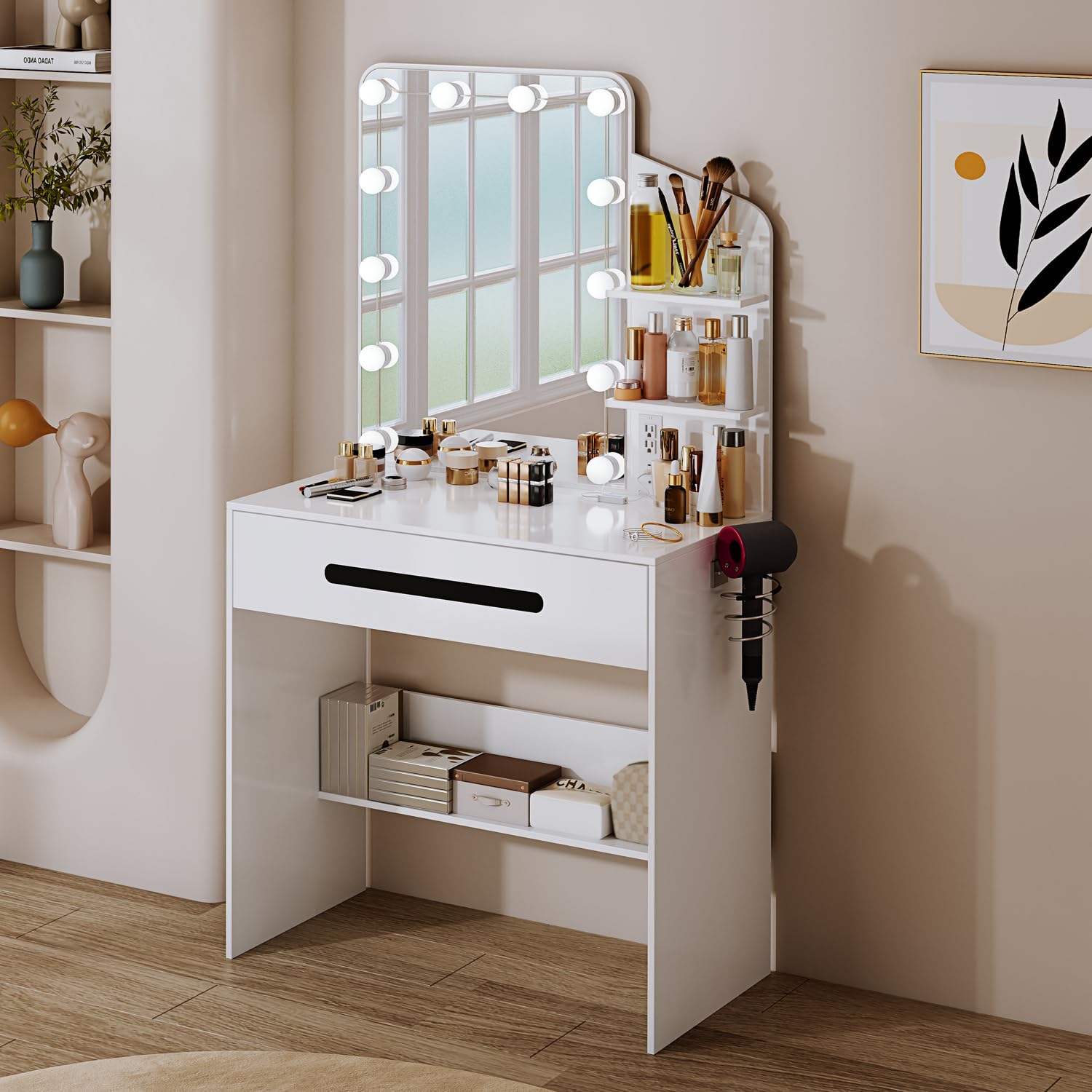 sbdmirau Modern Vanity Desk with Lighted Mirror, Desk Makeup Dressing Table with Power Strip, 12 LED Lights, 1 Large Drawers, Writing Desk with 3-Sectio Storage Shelves for Bedroom, White