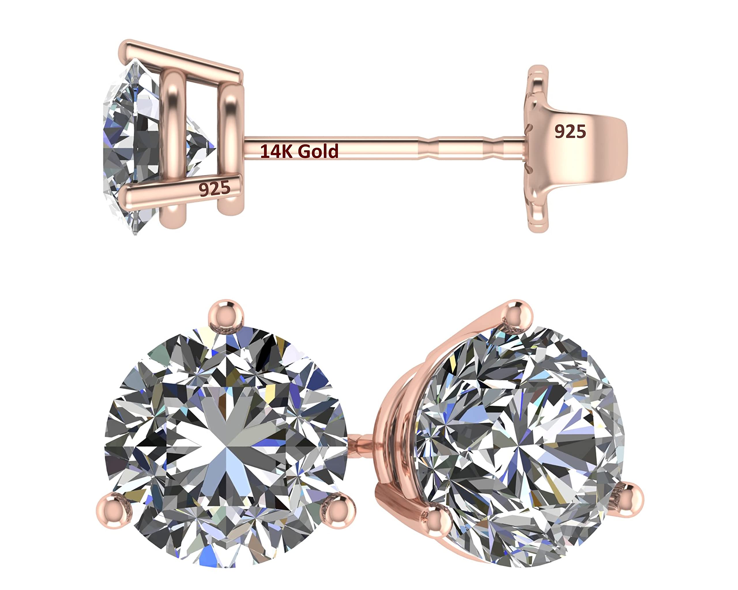 Central Diamond Center 14K Gold Post & Sterling Silver Zirconia 3 Prong Martini Stud Earrings - Rose Gold Plated 5.25mm 1.00cttw