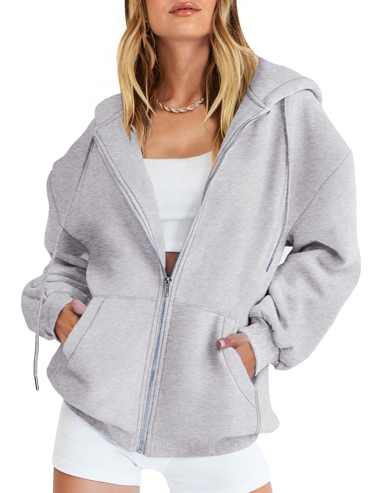 Caracilia Womens Zip Up Hoodies Oversized Long Sleeve Sweatshirts Y2K Hoodie for Teen Girls 2024 Fall Jacket Preppy Clothes Light Grey Large