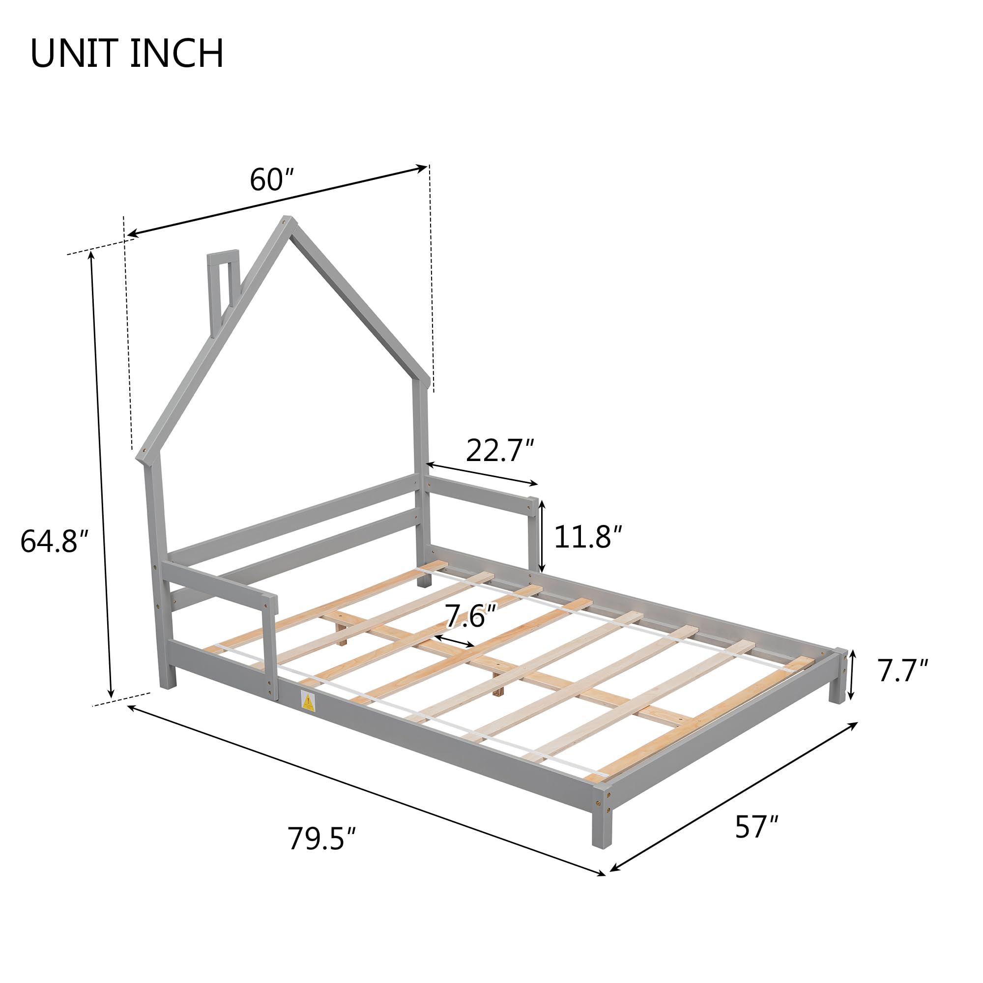 Floor Bed for Kids, Full Size Montessori Bed with House Shape Headboard, Wood House Bed with Slats for Boys Girls, Low Platform Bed, No Box Spring Needed, Gray