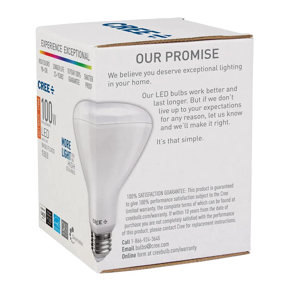 Cree Lighting Exceptional Series BR30 Bulb, 2700K Dimmable LED Bulb, 100W + 1400 Lumens, Soft White, [4] 1 Packs (TBR30-14027FLFH25-12DE26-1-11004S-D-MP)
