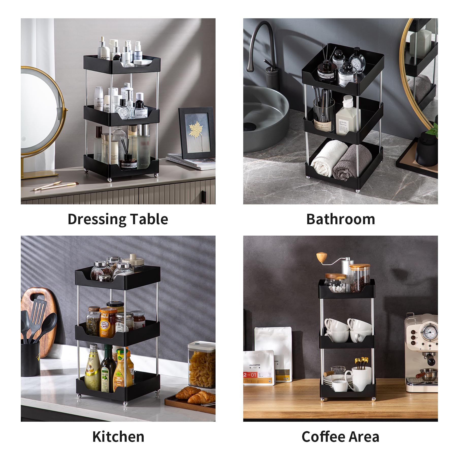 Dobbyby Bathroom Countertop Organizer 3 Tier Stainless Steel Vanity Shelves, Perfume Shelf Organizer, Makeup Cosmetics Counter Organizer and Skincare Storage for Dresser(3 Tier-Square-Black)
