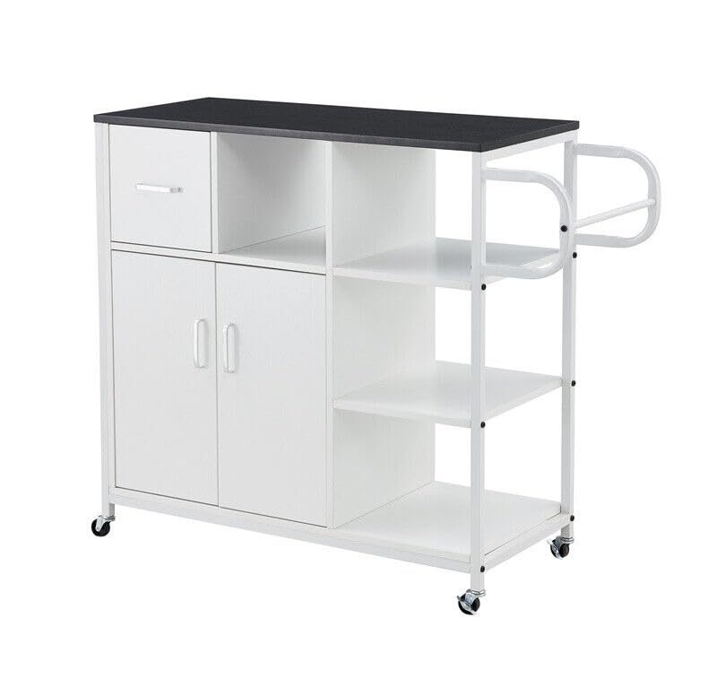 JouZYA Kitchen Island Rolling Storage Cabinet Cart w/Wheels, Drawers, Rack White-Black