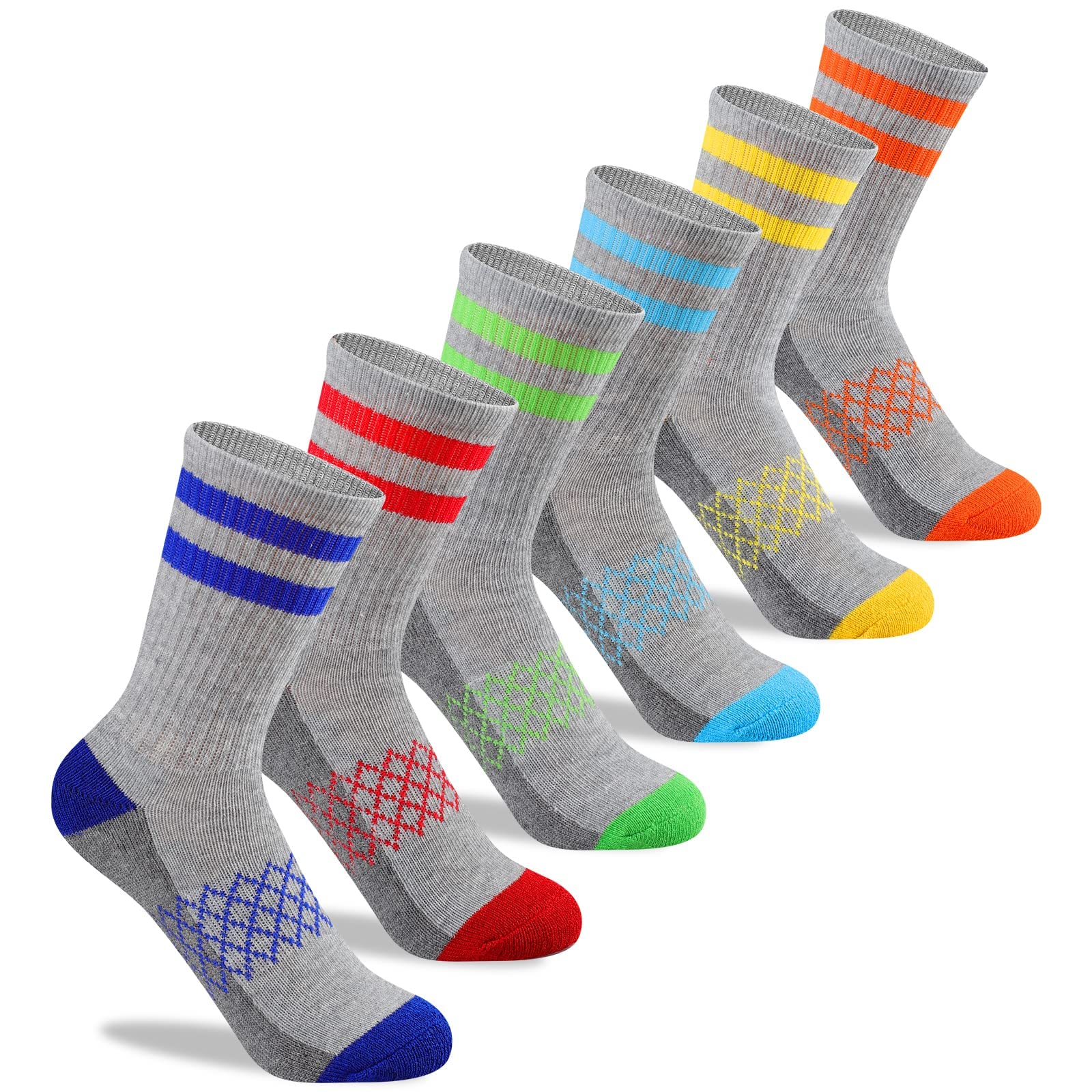 Comfoex Boys Crew Socks 8-10 6-8 4-6 Years Old Athletic Long Cotton Socks For Kids Half Cushioned Calf Socks 6 Pairs
