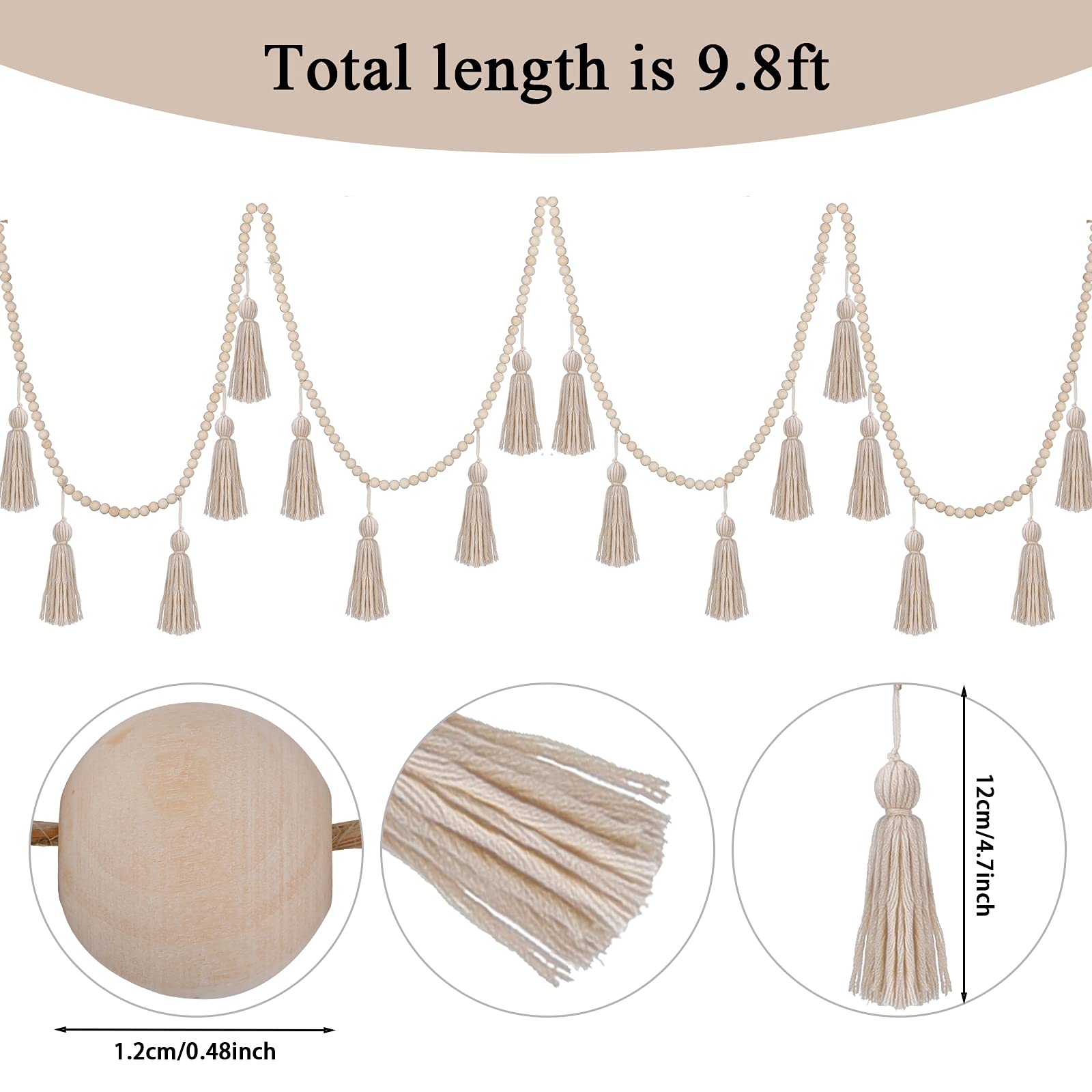 Boho Decor Wooden, 9.8ft Wood Bead Garland with Tassels Bobo Wall Hanging Farmhouse Home Decor Rustic Country Holiday Decoration
