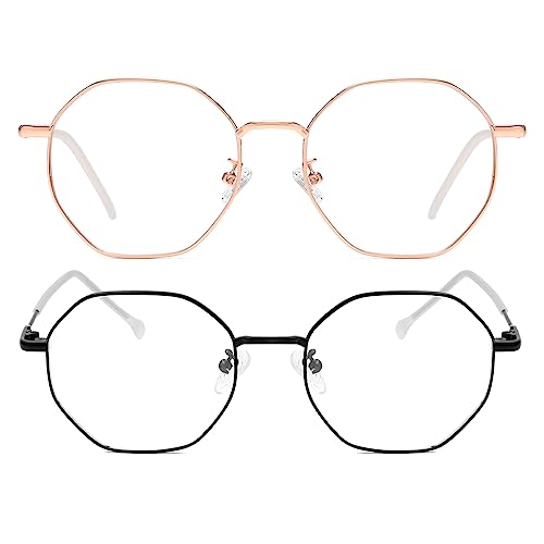 JOVAKIT Polygon Blue Light Blocking Glasses for Women Men Vintage Octagon Square Non-prescription Metal Eyeglasses (Rose Gold+Black)