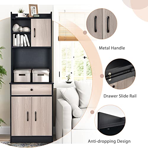 COSTWAY Kitchen Pantry Storage Cabinet, 71” Tall Buffet Hutch Cabinet with Microwave Stand, Adjustable Shelves, Drawer, Freestanding Buffet Cabinet with Storage for Dining Room, Home, Black