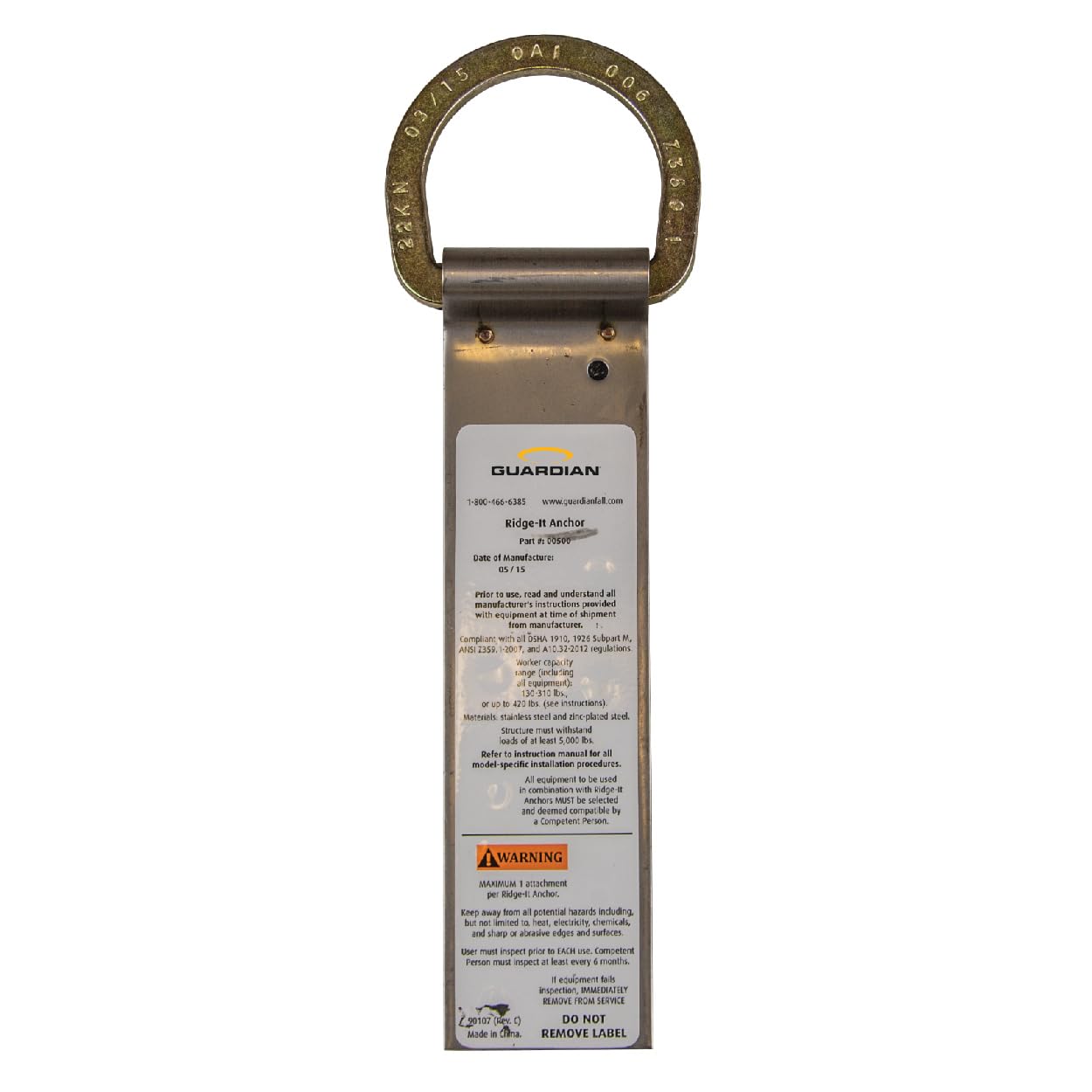 Guardian Fall Protection 00500 RIDG-1 Single D-Ring Roof Anchor with Nails 11-Inch in Length and 1 D-ring, 9¾"