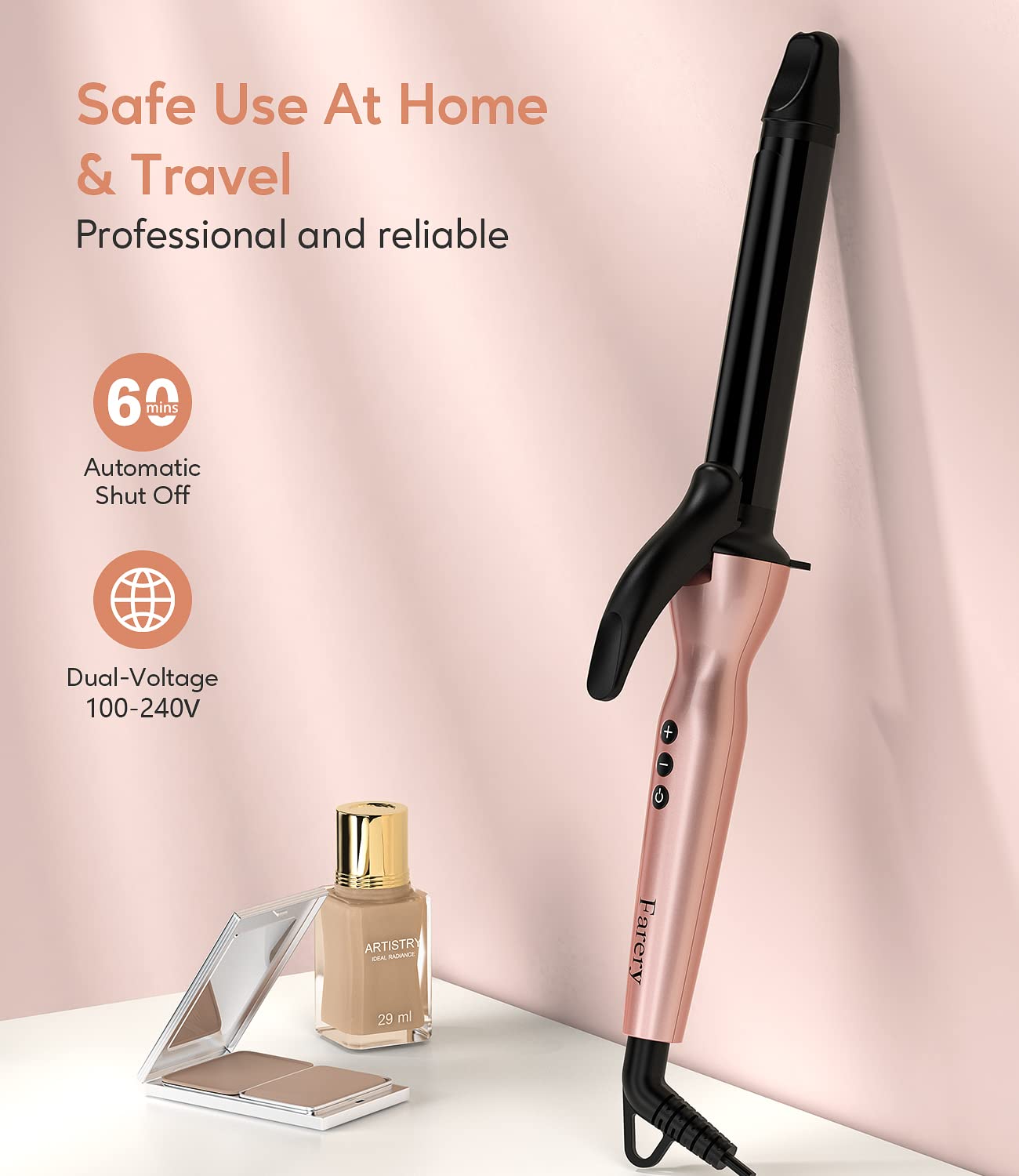 FARERY Tourmaline Ceramic Curling Wand - 1 Inch Barrel with Keratin & Argan Oil Infusion, 6 Adjustable Temperatures, Auto Shut-Off, and Dual Voltage