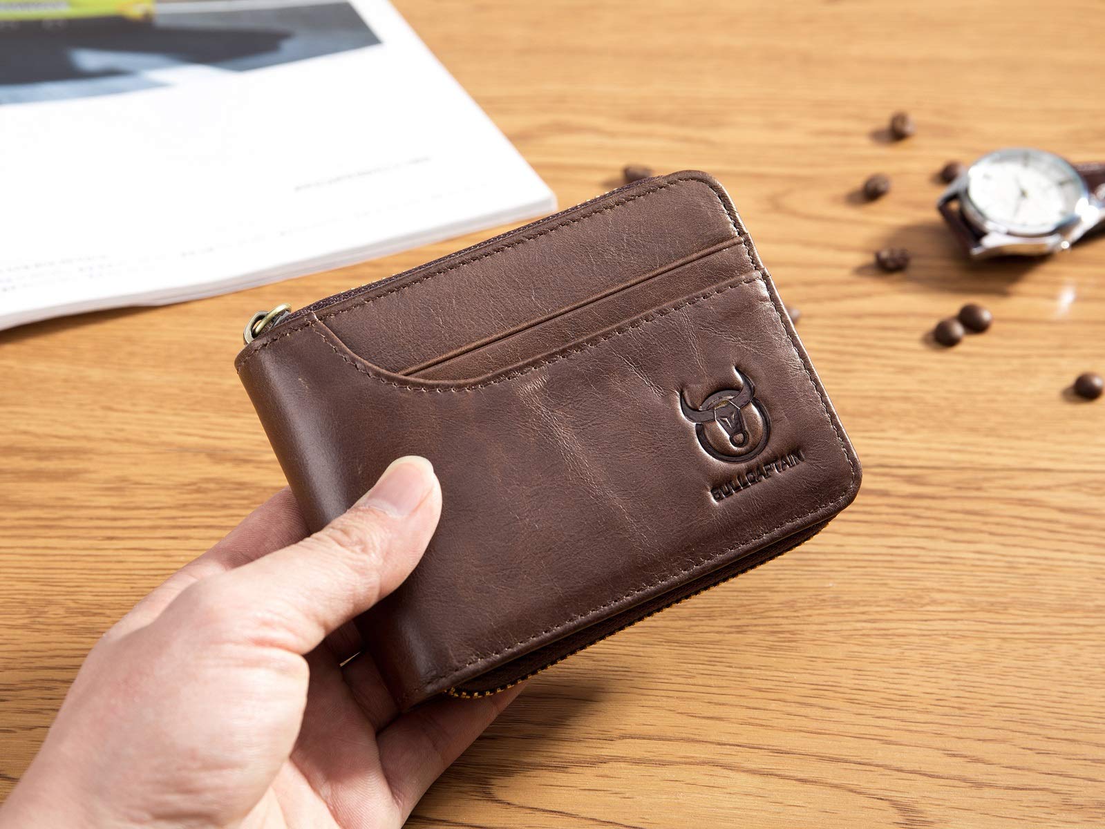 BULLCAPTAIN Mens Leather Zipper Wallet RFID Blocking Bifold Secure Vintage Zip Around Multi Credit Card Holders