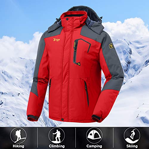 JINSHI Men's Snow Jacket Waterproof Ski Jackets Winter Hooded Mountain Fleece Jacket (Red,M)