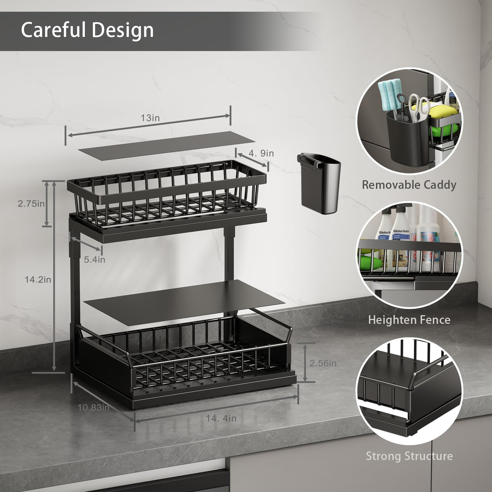 CICUFY Metal Under Sink Organizer,2-Tier Double Sliding Under Sink Storage for kitchen & Bathroom Cabinet-Black