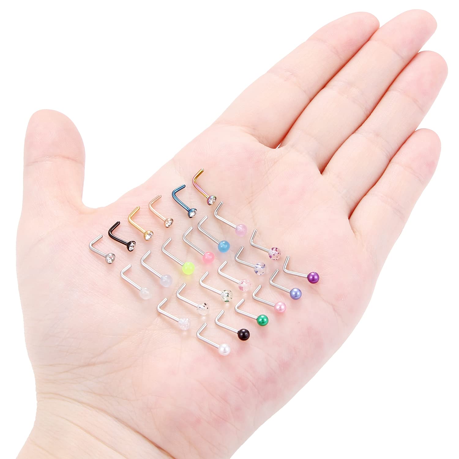 Cisyozi 18G Nose Rings Studs for Women Stainless Surgical Steel Stud Nose Ring Plastic Glow Dark Big Curved Nose Nostril Rings Bend L Shaped Pearl Nose Ring Piercing Jewelry Set Pack Men Diamond 3mm