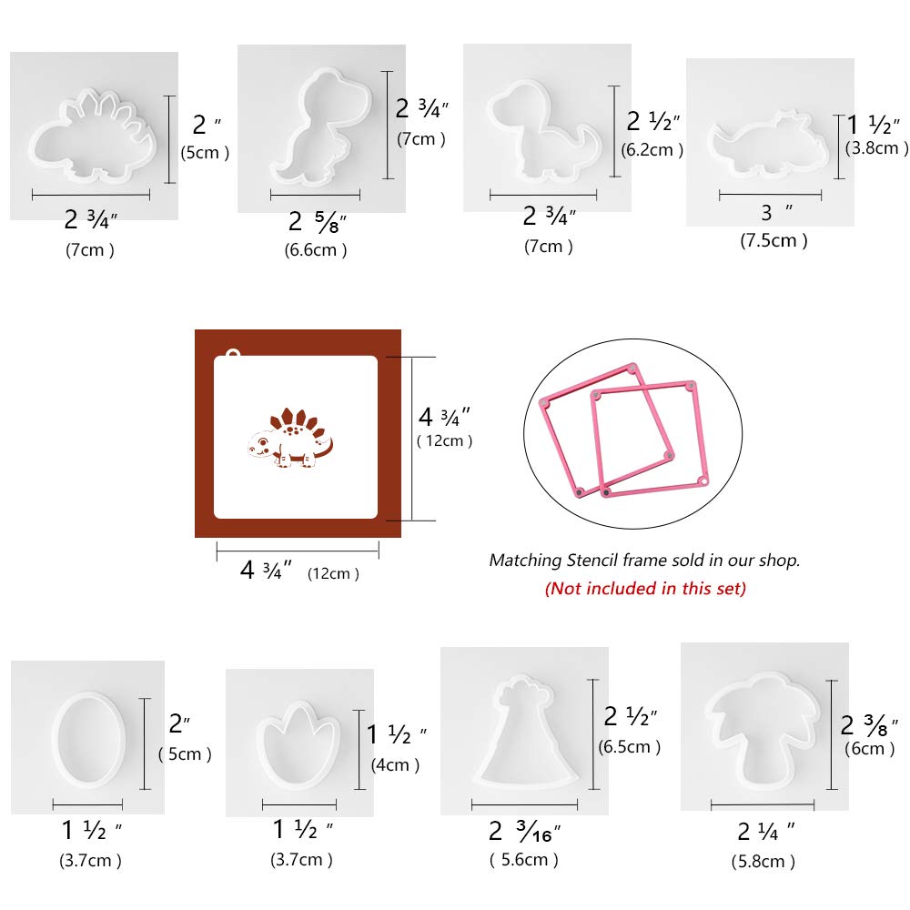 Dinosaur Cookie Cutters with Matching Cookie Stencils -Set of 16-8Pcs Cookie Cutter and 8Pcs Stencils, Include Stegosaurus, T-Rex, Brontosaurus, Triceratops, Dinosaur Egg, Footprint, Volcano and Tree