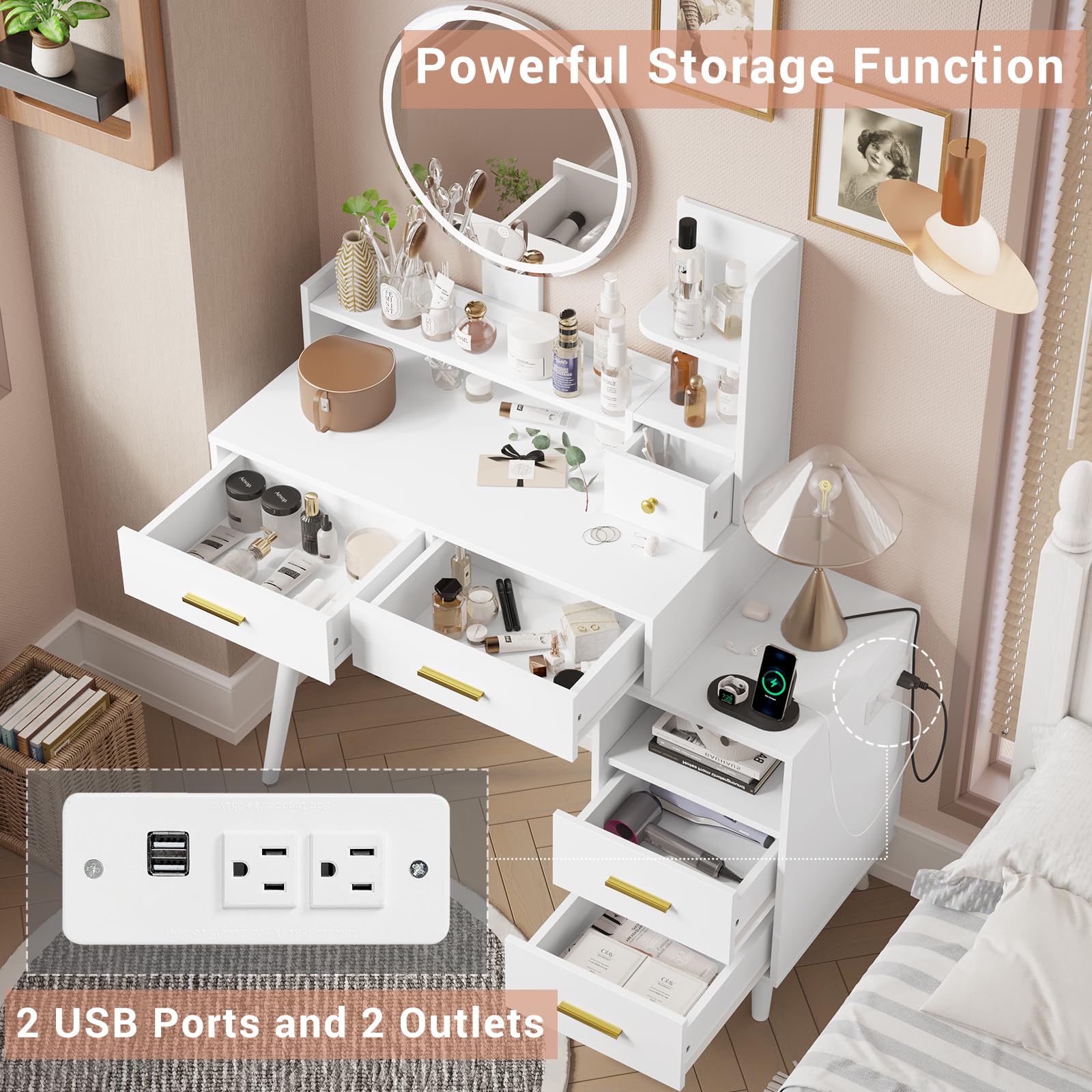 BTHFST Makeup Vanity with Lights and Charging Station, White Vanity Desk with Round Mirror and Lights, Vanity Table with Drawers and Shelves, Makeup Table with Touch Screen Mirror and Nightstand