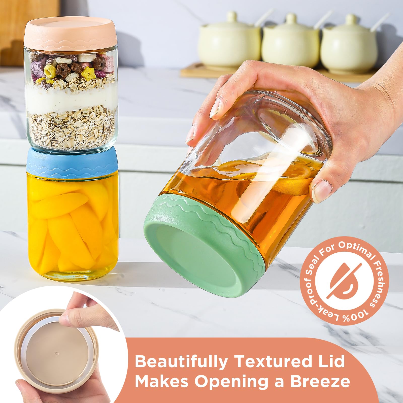 DRKIO 16 Oz Overnight Oats Containers with Lids - 6 Pack Glass Storage Jars with Airtight Lids Wide Mouth Mason Food Jars Great for Meal Prep Salad Chia Pudding Snacks Yogurt Sugar Spice Cereal