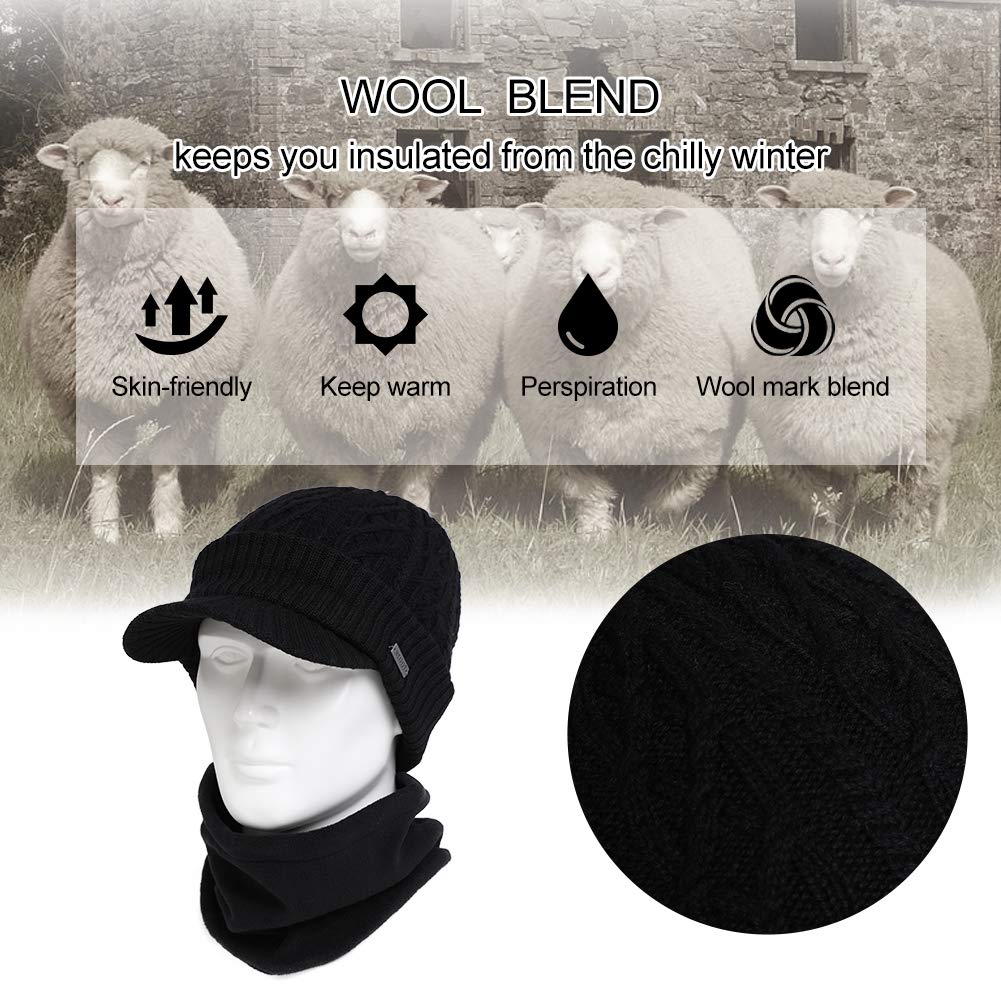 Comhats Winter 2 Piece Wool Knit Hat & Scarf Set for Men Visor Beanie Cap Fleece Lined Cold Weather Warm Unisex Black Medium