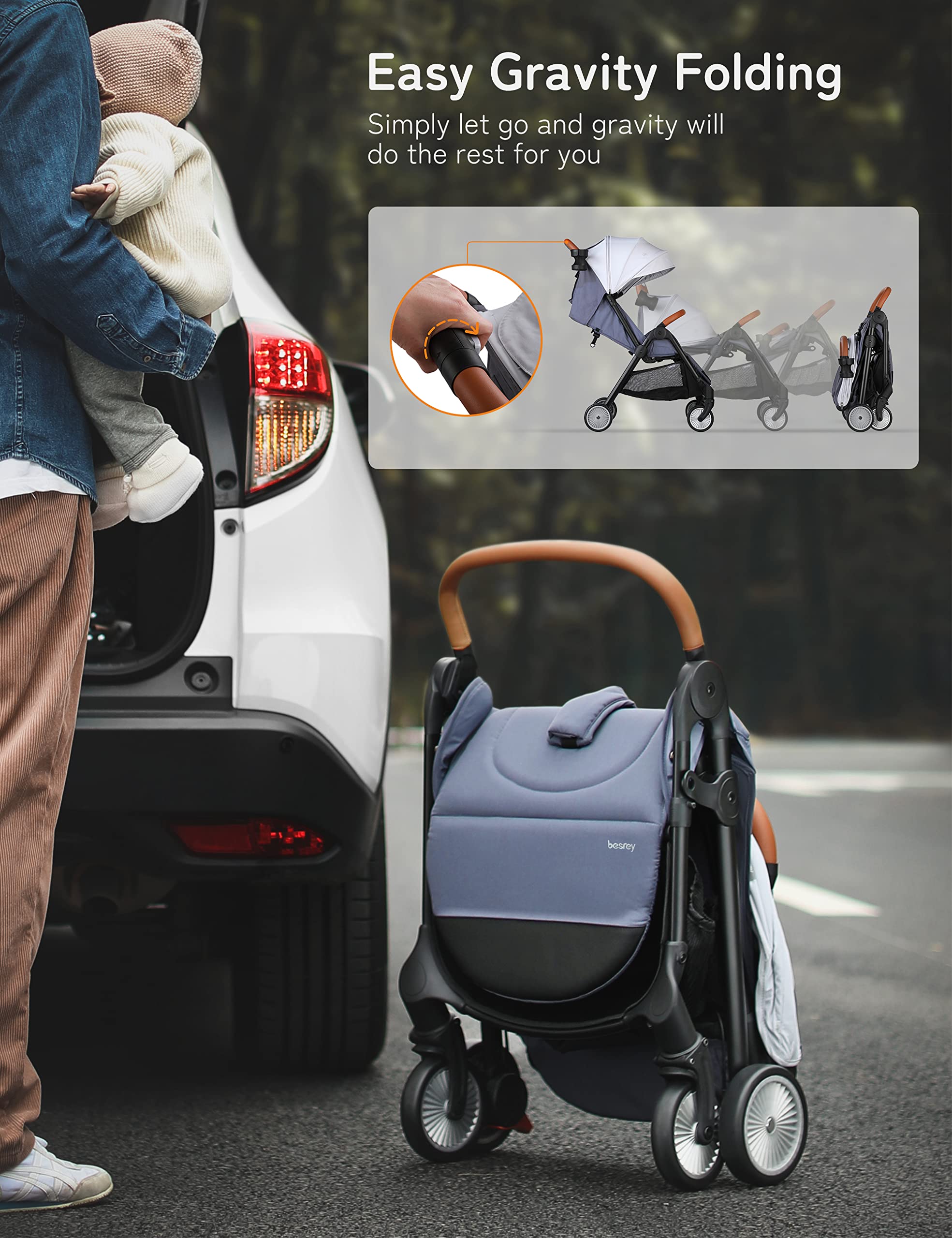 Lightweight Baby Stroller, Besrey Self Folding Travel Stroller Baby Carriage with One-Hand Gravity Fold, Waterproof Canopy, Toddler Compact Stroller with Cup Holder Shock-Absorbing Wheel, up to 50lbs