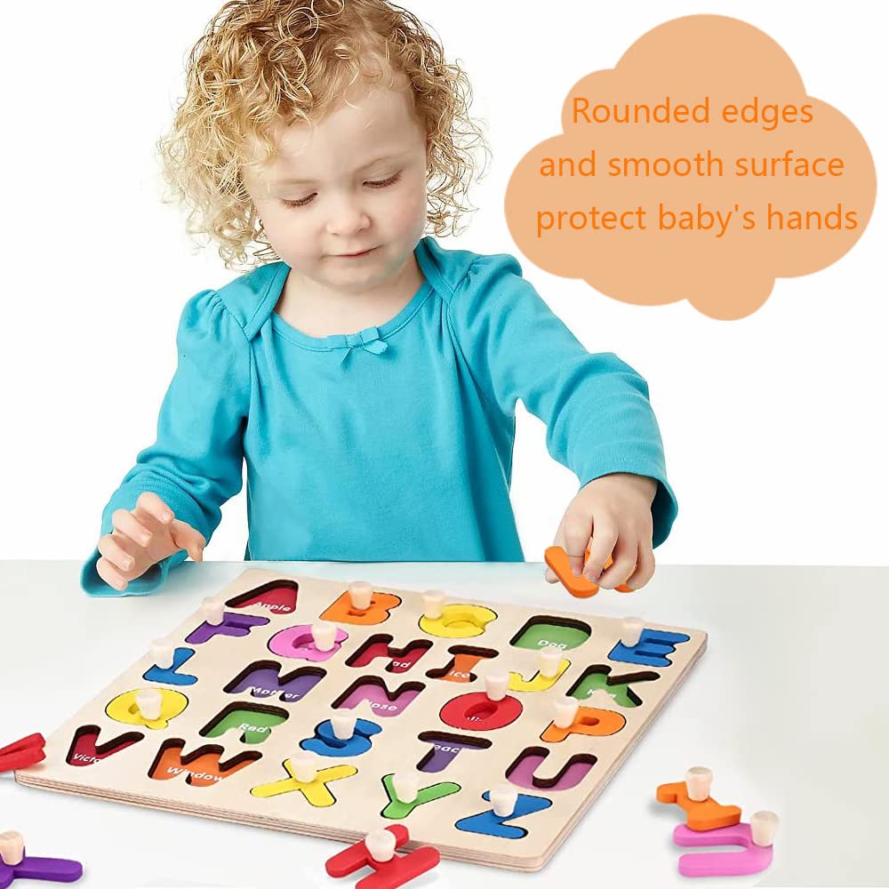 CCMTangHong Wooden Alphabet Puzzle ABC ,Letter Puzzle with Button,Montessori Matching Game Jigsaw Toy,Educational Early Learning Toy Gift for Preschool Year Old Kids