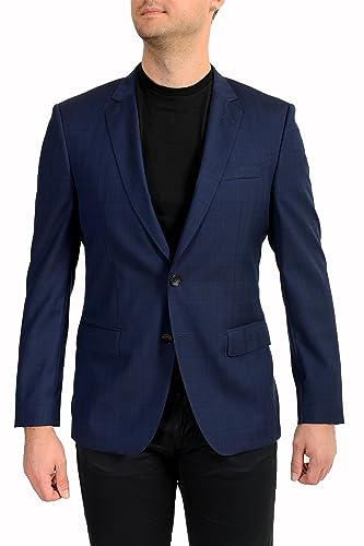 Hugo Boss Men's Huge6 Blue Slim Fit 100% Wool Plaid Blazer US 40L IT 50L
