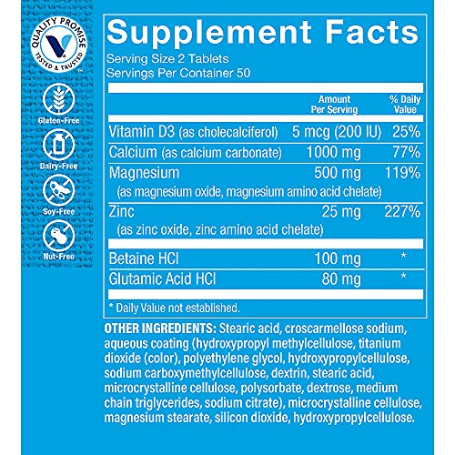 Calcium, Magnesium, & Zinc with Vitamin D - Supports Healthy Bones & Teeth (100 Tablets)