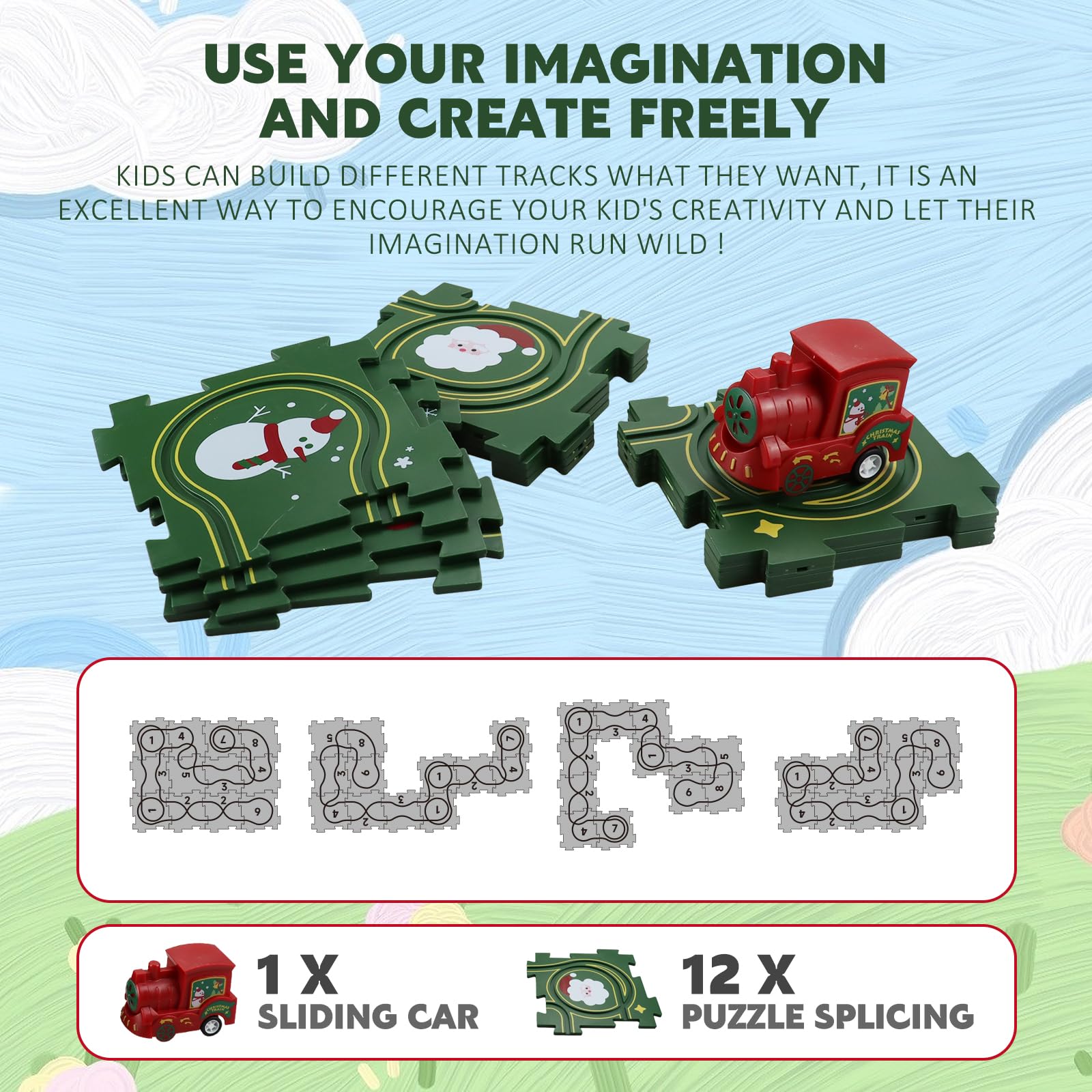 Children's Educational Puzzle Track Car Play Set - Christmas Series DIY Assembling Toddler Puzzle Track with Rail Car for Kids Ages 3+(13PCS)