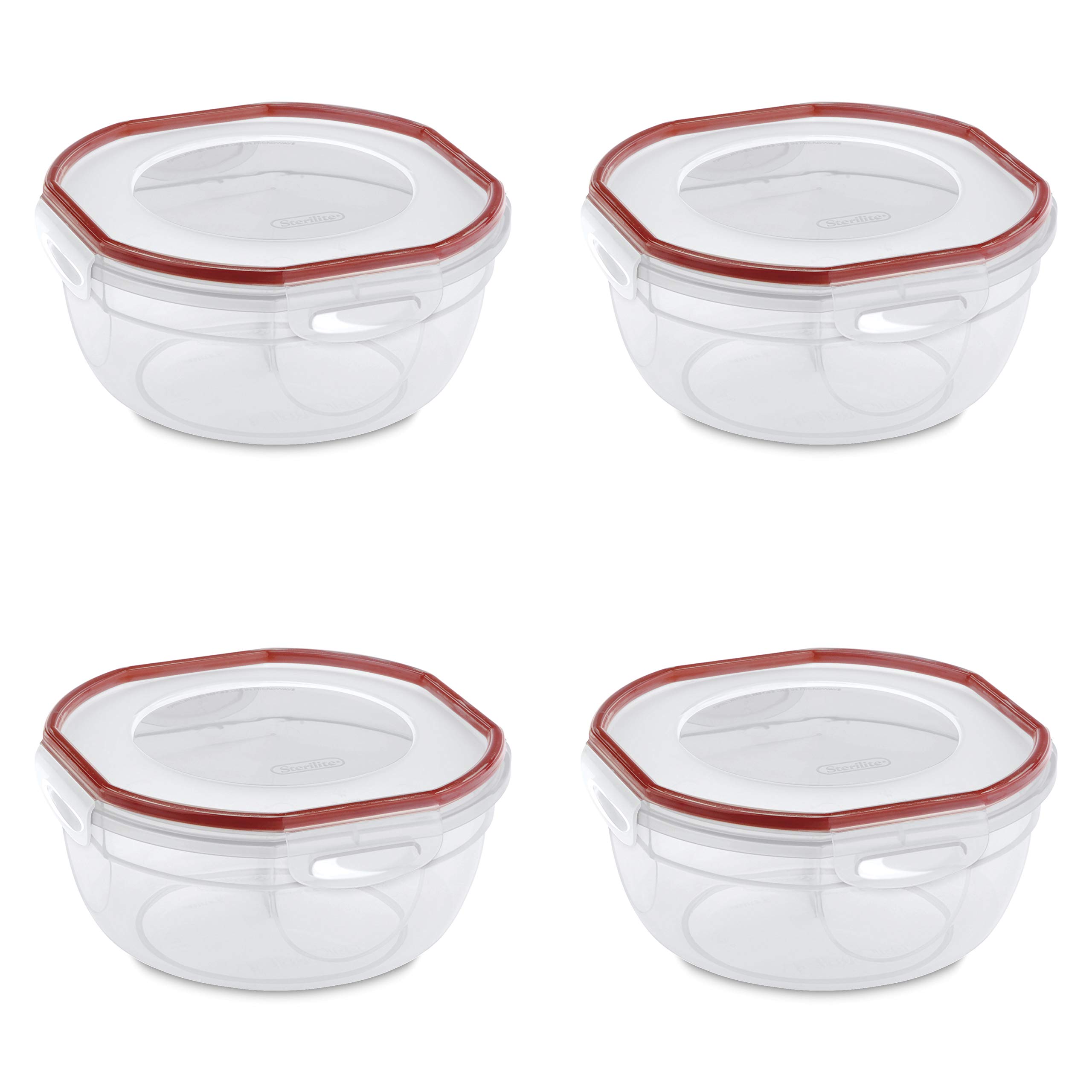 Sterilite 0 Ultra-Seal 2.5 Quart Bowl, Clear Lid & Base with Rocket Red Gasket, 4-Pack