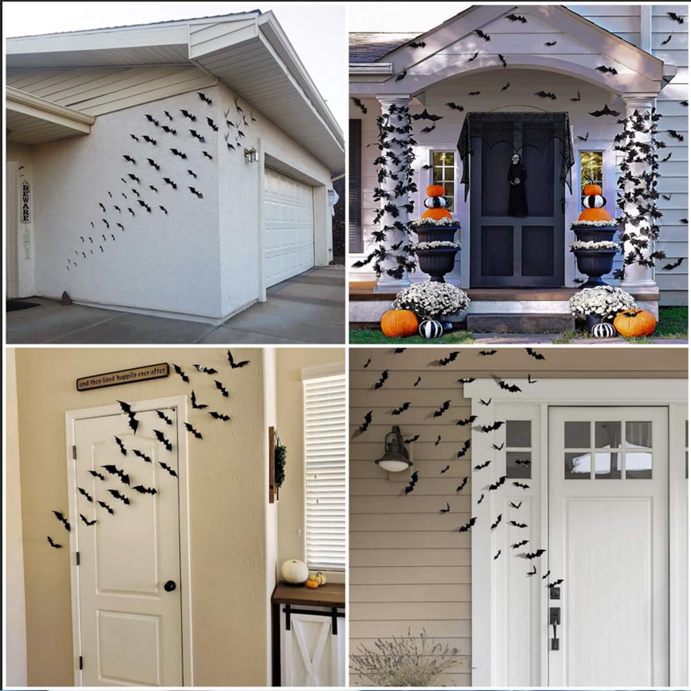 Halloween Bat Decorations - 12PCS Green Glowing Bats, DIY Window Wall Stickers, Reusable PVC 3D Bats Stickers for Bathroom Indoor Hallowmas Party Supplies