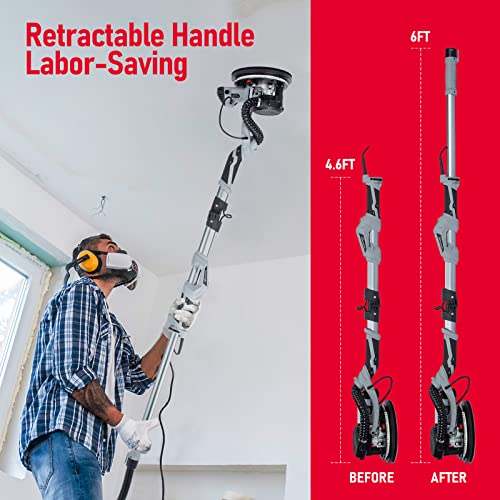 Drywall Sander, 800W Electric Motor Sander with Automatic Dust Removal System, Variable Speed 800-1800RPM With LED Light, Extendable & Foldable Handle, 12 Pcs Sanding Discs and Carrying Bag