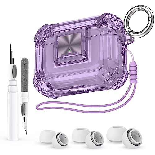 Halunbaby for AirPods Pro 2nd Generation Clear Case Cover with Secure Lock Clip Full Drop Protection,High-Transparent Soft TPU Material and Equiped with Cleaner Kit Replacement Eartips(S/M/L) (Purple)