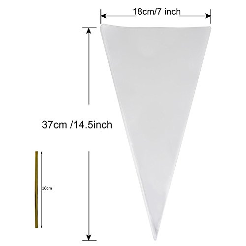 COOLAKE Clear Cone Bags 100PCS Cellophane Triangle Clear Treat Bags with Gold Twist Ties for Christmas Candy Popcorn Handmade Cookies Sweets Crafts 14.5β by 7β