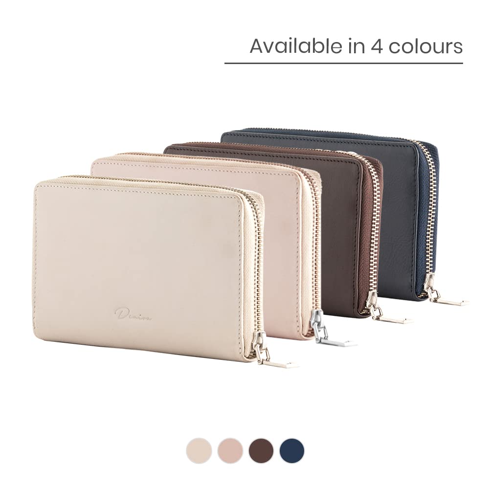 Deniva Unclutter Wallet with zip around, card slots, 2 cash compartments and one zip pocket with printed cotton lining on the inner side purse organizer - Beige