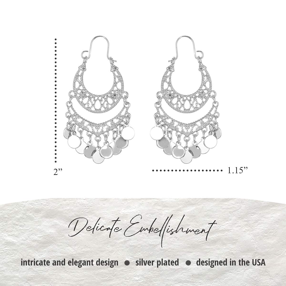 Bohemian Boho Chandelier Dangle Drop Earrings for Women – Lightweight Filigree Gypsy Coin Disc Tassel Charm Hoops – included Gift Box (Silver)