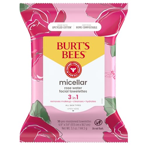 Burt's Bees Micellar Facial Towelettes With Rose Water, Pre-Moistened Towelettes for All Skin Types, 99.5 Percent Natural Origin Skin Care, 30 ct. Package