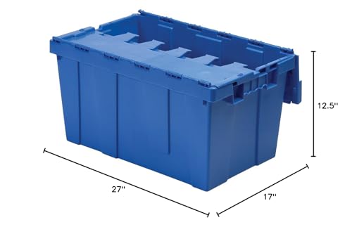 Buckhorn AR2717120209000 Industrial Plastic Stackable Storage KeepBox Tote Container with Hinged Attached Lid, 27-Inch L x 17-Inch W x 12-Inch H, Blue